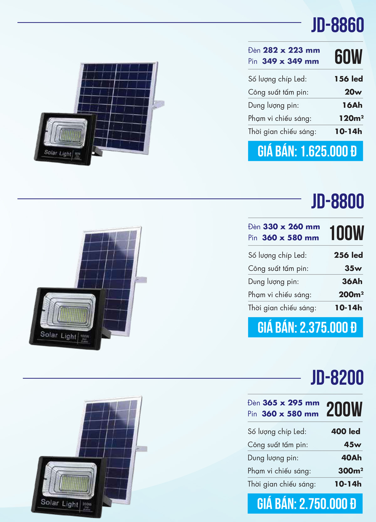 Bảng giá đèn năng lượng mặt trời JinDian Solar Light