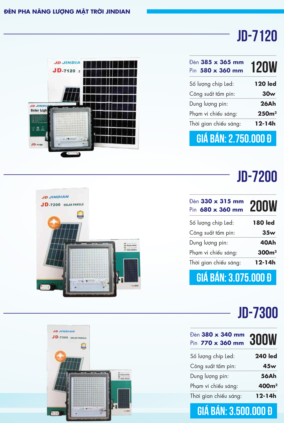 Bảng giá đèn năng lượng mặt trời JinDian Solar Light