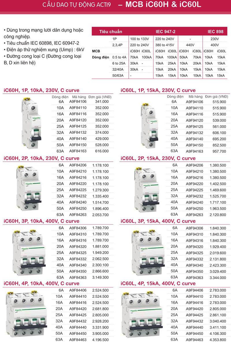 Acti9 iC60H MCB 3P 10kA 400V, C curve Schneider | A9F84306